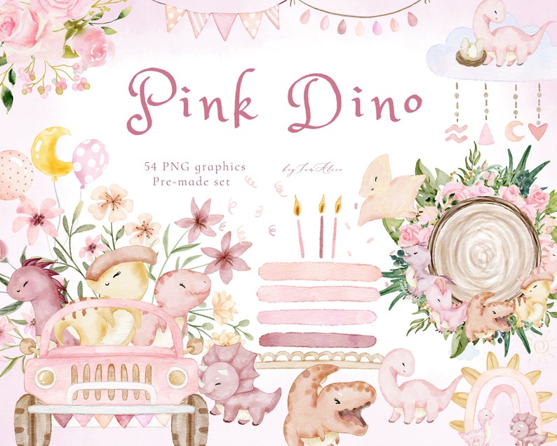 Baby Pink Dinosaurs Watercolour Clipart Cute Girl Dinosaurs - Etsy