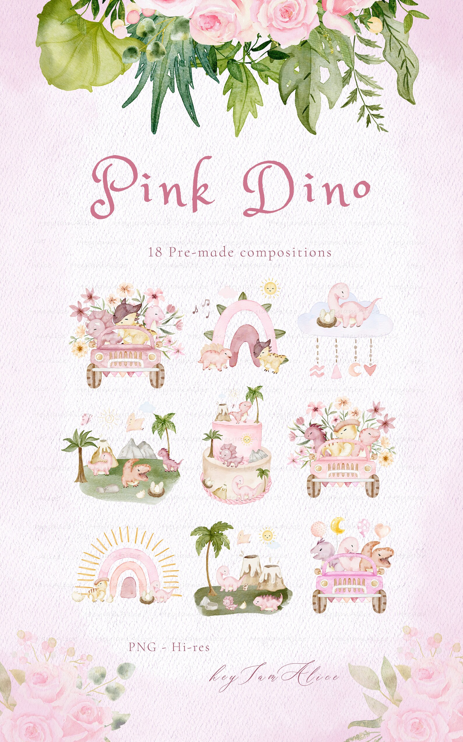 Baby Pink Dinosaurs Watercolour Clipart Cute Girl Dinosaurs - Etsy