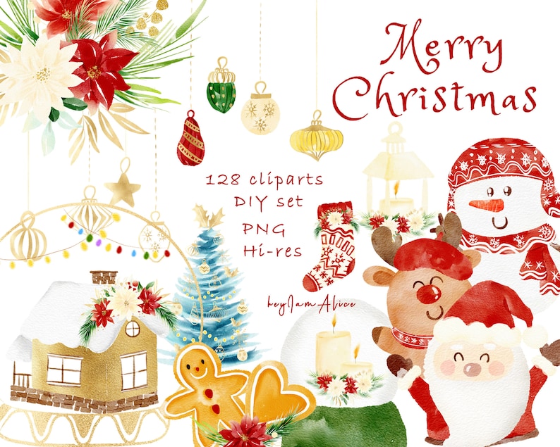 Christmas Clipart FREE COMMERCIAL Use Watercolor Merry X-mas - Etsy