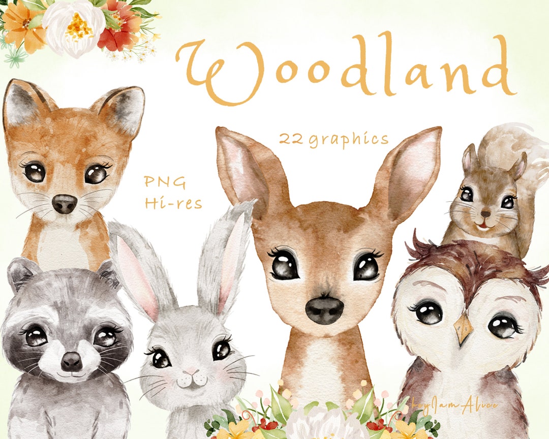 Woodland Animal Watercolor Clipart, Little Animal Clipart, Babies ...