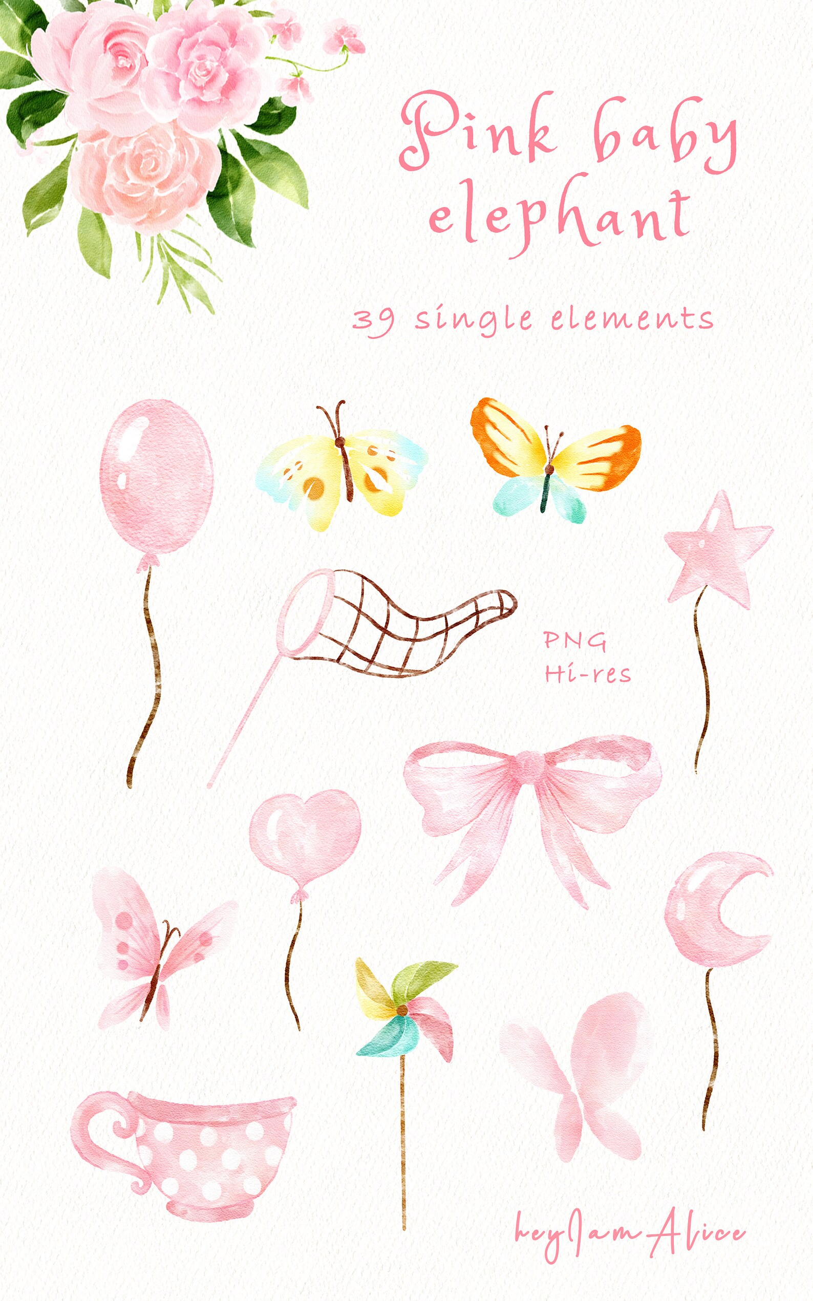Baby Elephant Clipart Pink Watercolor Elephant PNG FREE | Etsy