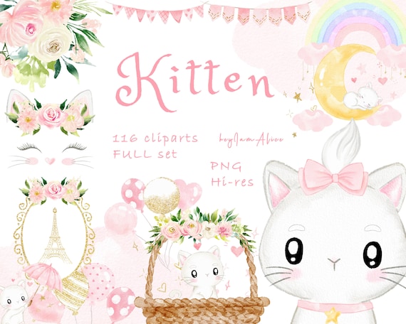 Baby Cat Watercolor Clipart Kitten Graphic PNG Cute Cat | Etsy