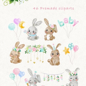 Bunny Watercolour Clipart, Ice Cream Graphic PNG, Baby Birthday Clipart ...