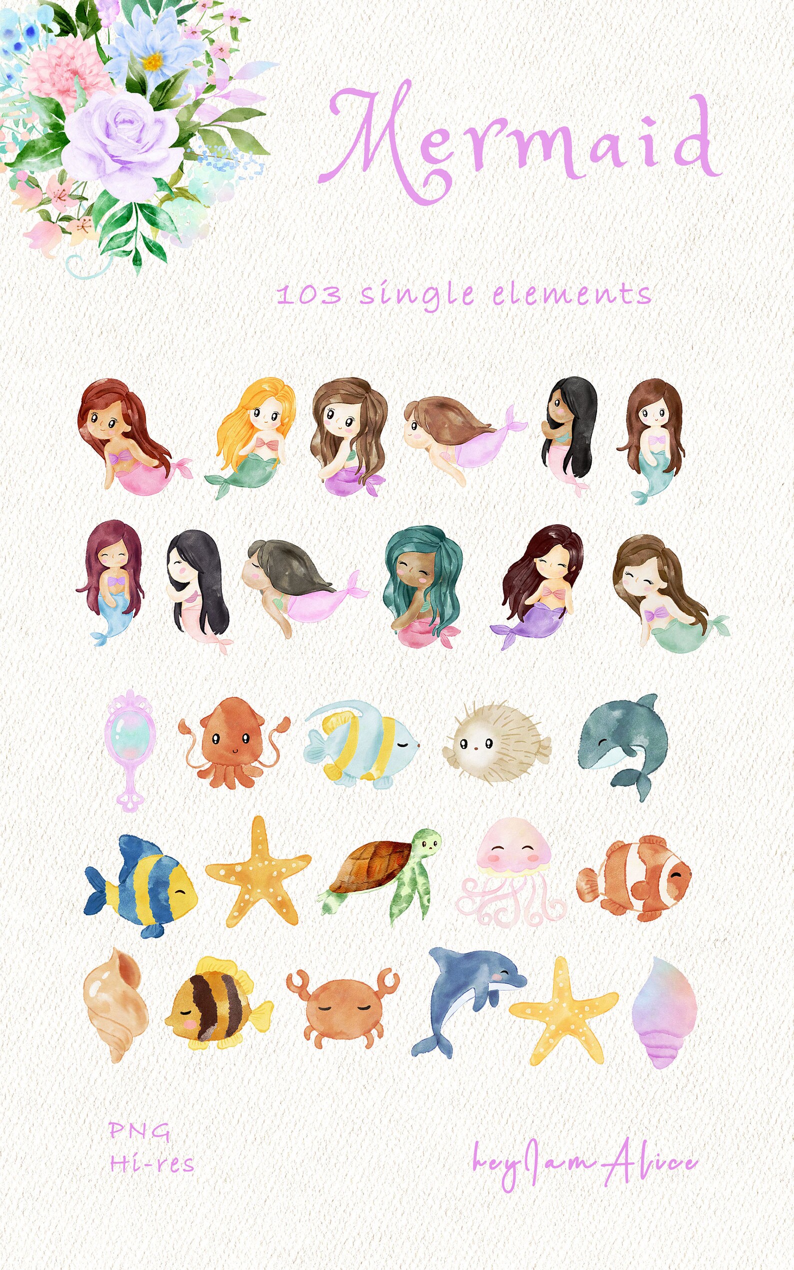 Mermaid Clipart, Little Mermaid Watercolor Graphic, Nursery Clipart ...