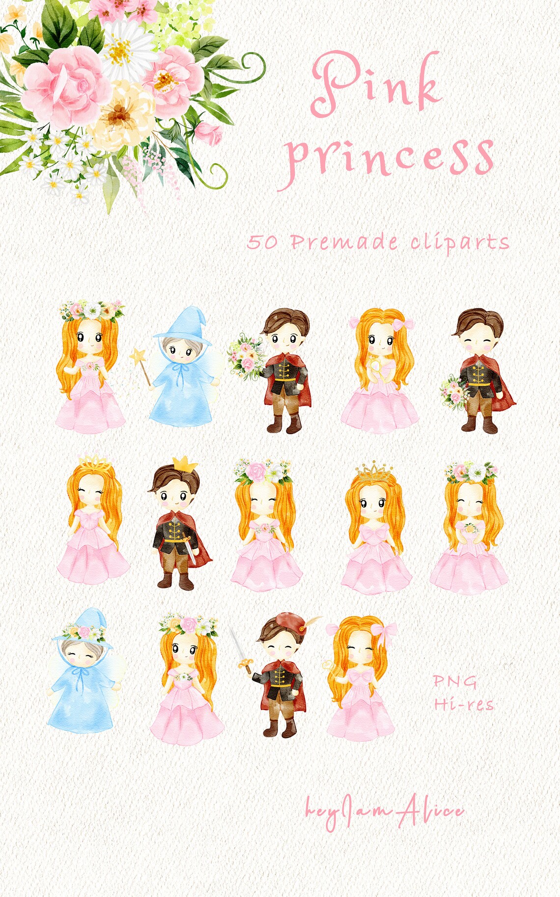 Princess and Prince Watercolour Clipart Fairy Tale Graphic | Etsy