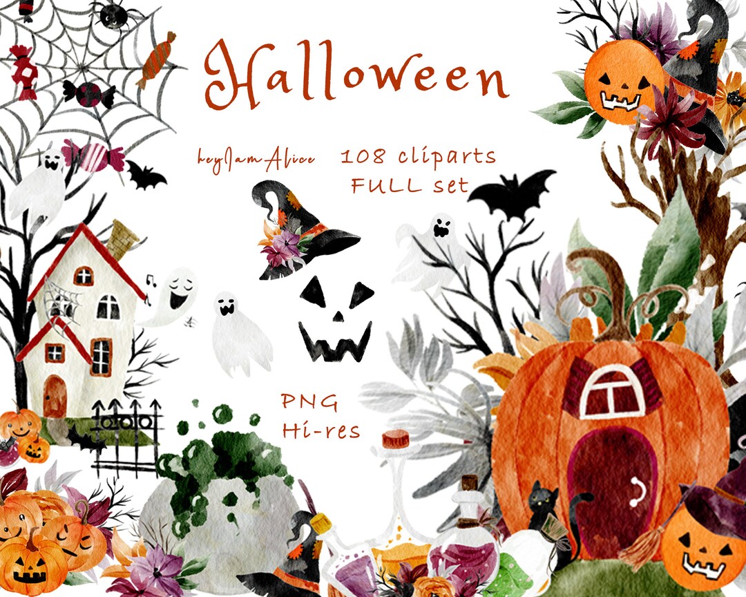 Halloween Clipart, Watercolor Happy Halloween, Spooky Clipart, Trick or ...