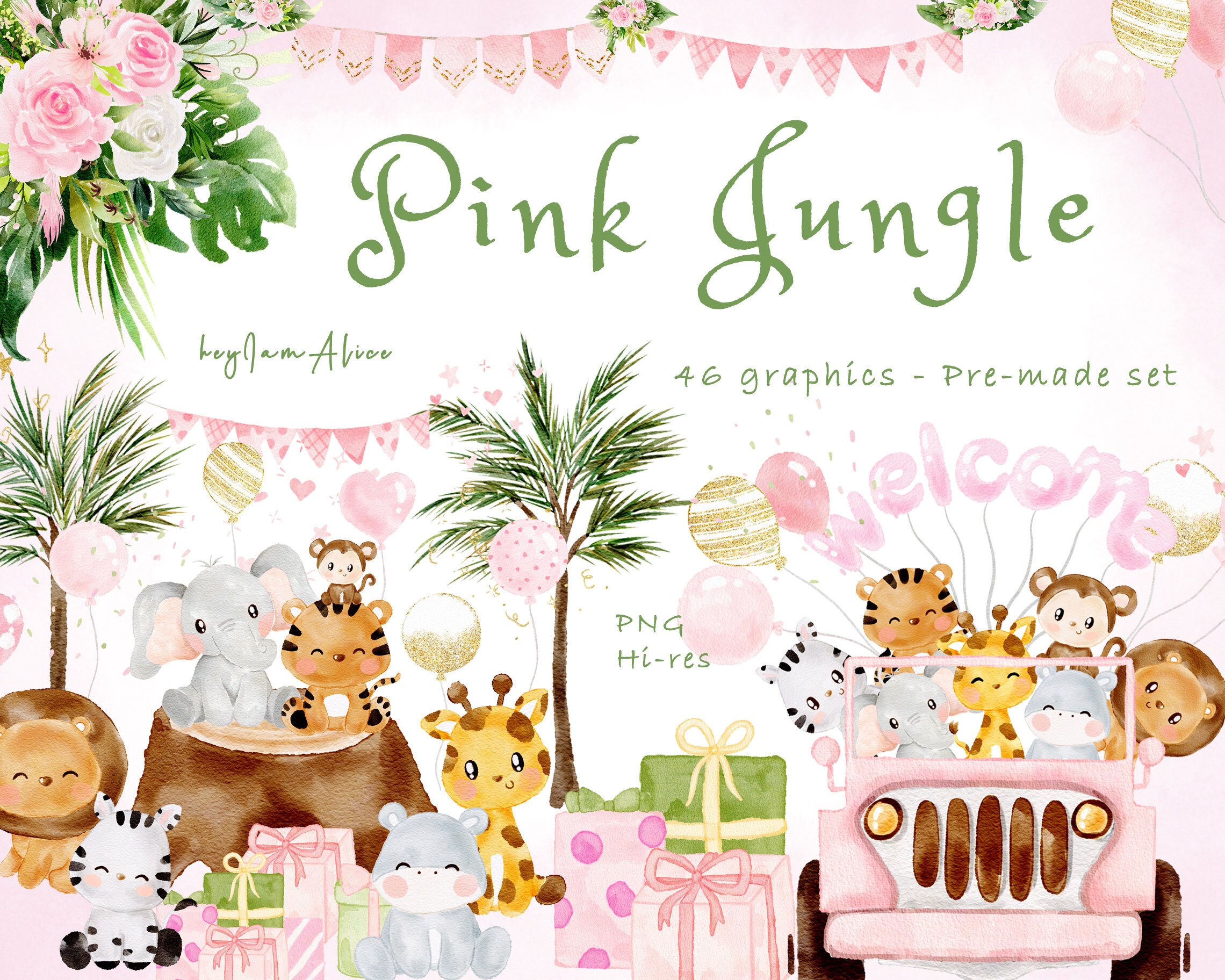 Pink Jungle Watercolor Animal Clipart Jungle Nursery Jungle - Etsy