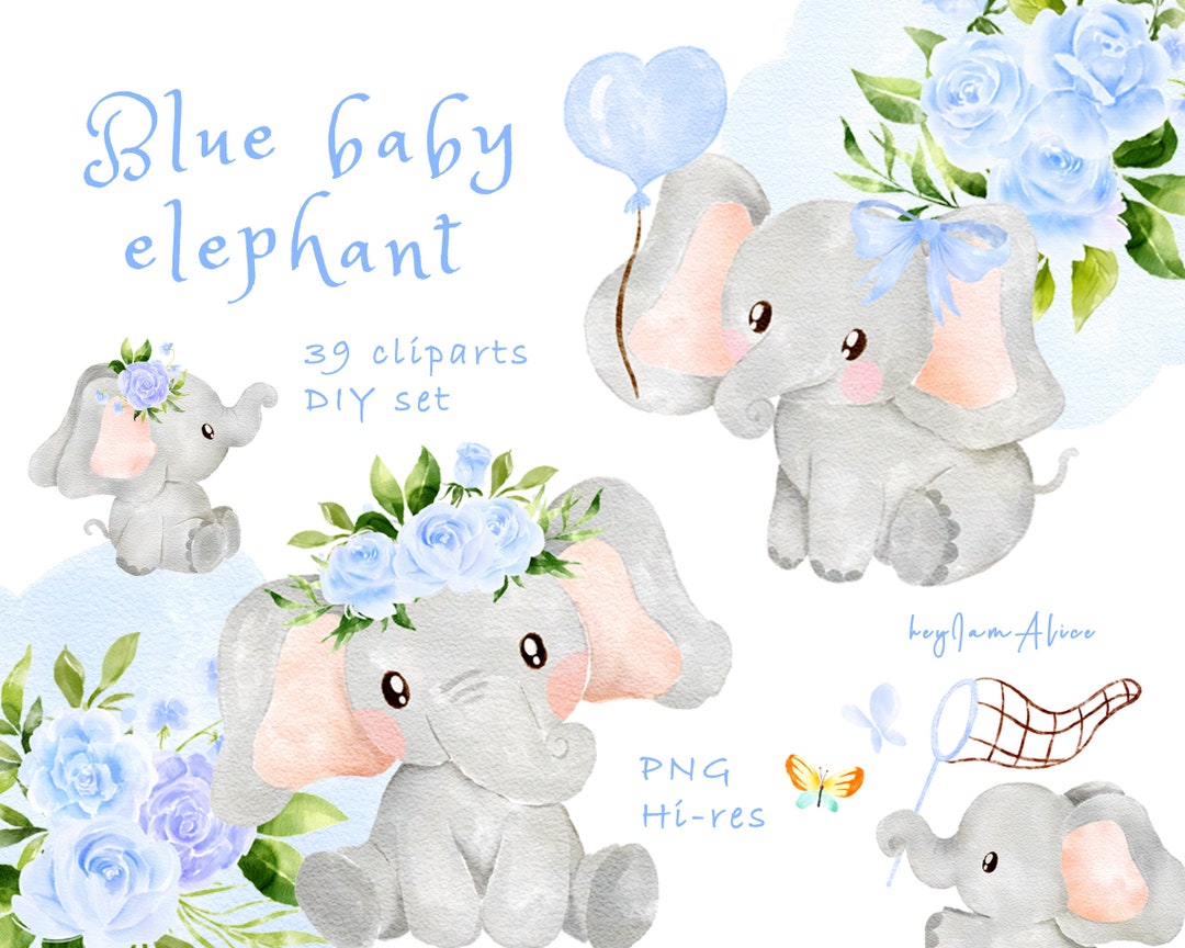 Baby Elephant Clipart, Blue Watercolor Elephant PNG, FREE COMMERCIAL ...
