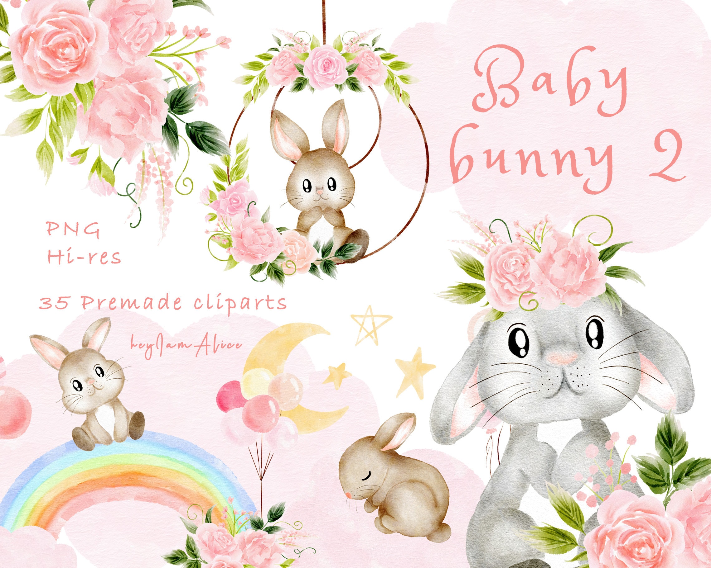 Baby bunny clipart pink watercolor rabbit PNG FREE | Etsy