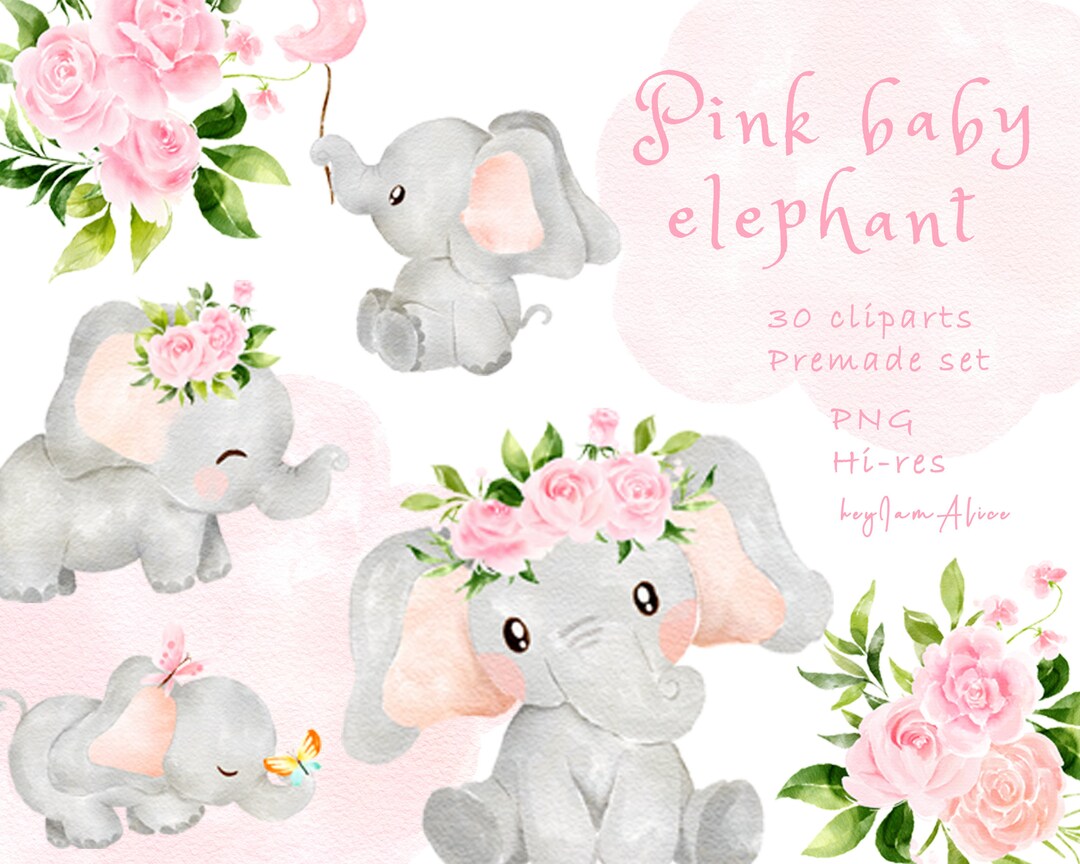 Baby Elephant Clipart, Pink Watercolor Elephant PNG, FREE COMMERCIAL ...