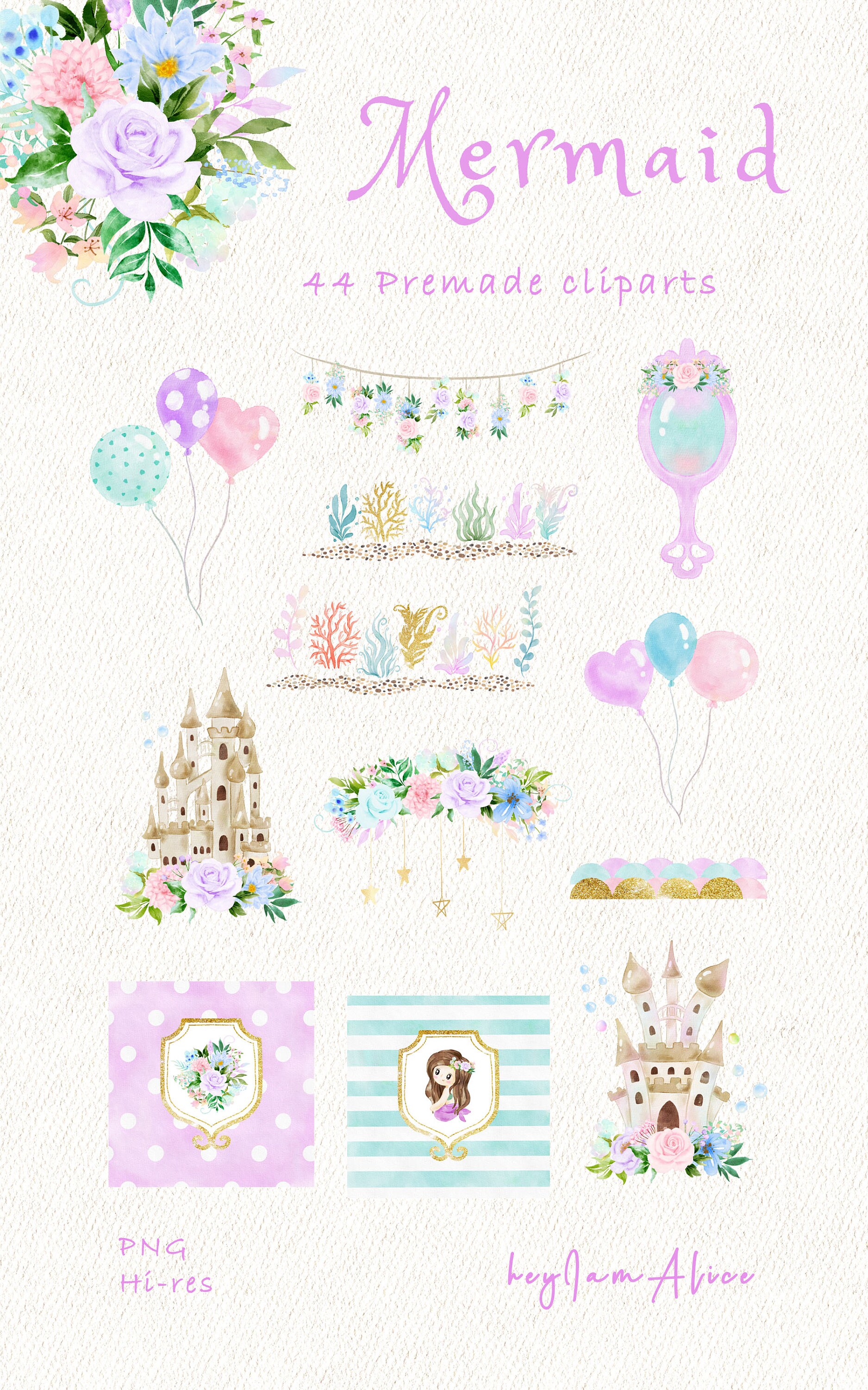 Mermaid Clipart, Little Mermaid Watercolor Graphic, Nursery Clipart ...