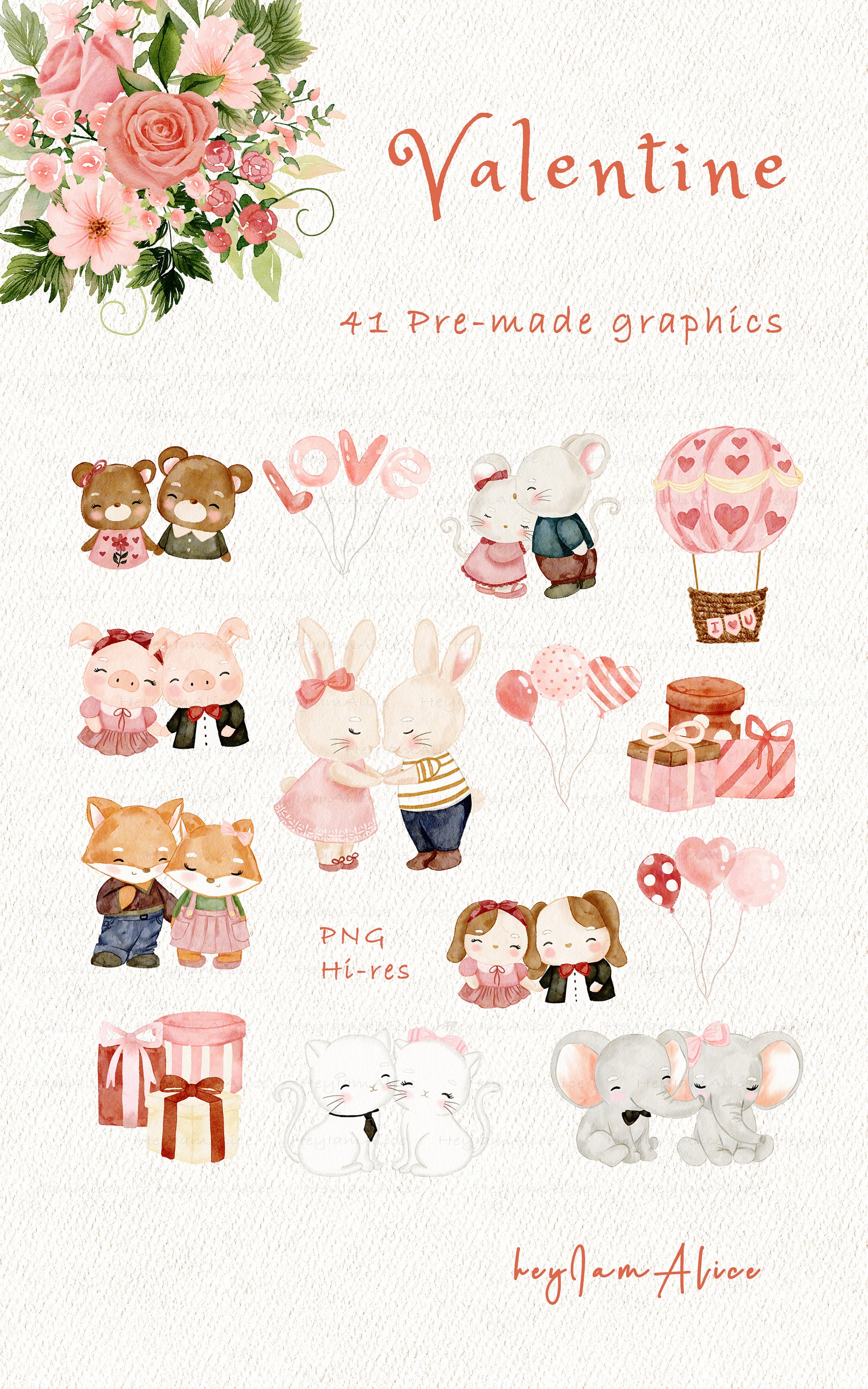 Valentine Watercolor Clipart PNG Animal Couple Graphic PNG | Etsy