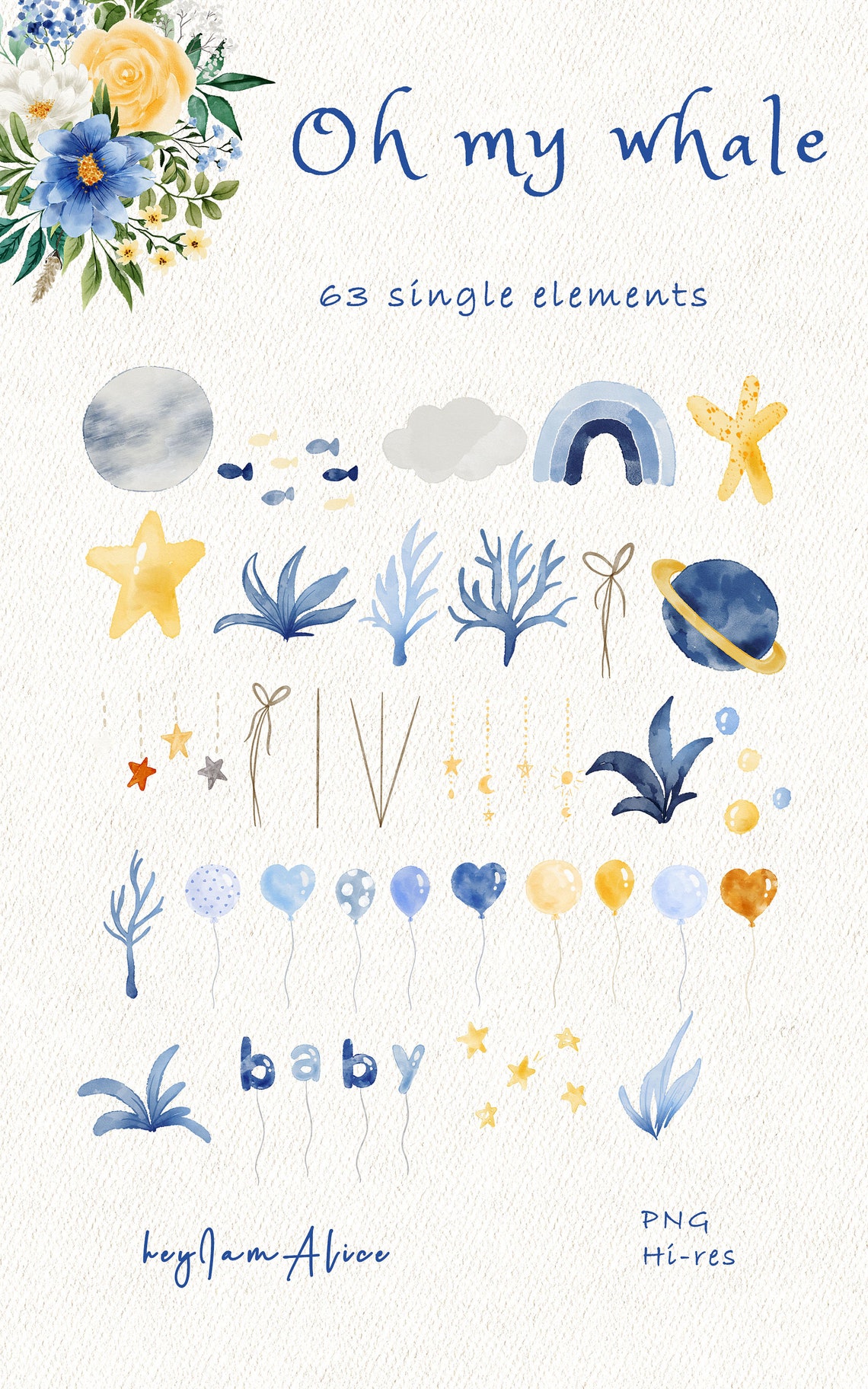 Whale Clipart, Watercolor Ocean Graphic, Cute Sea Animal PNG, Under the ...