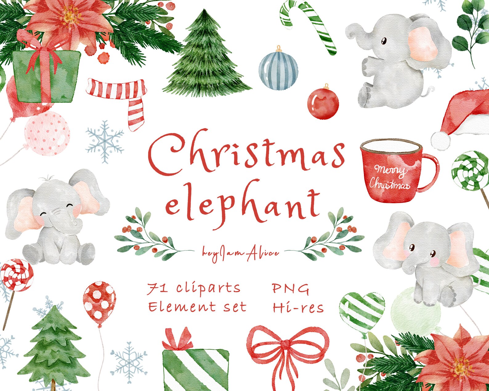 Baby Elephant Christmas Clipart PNG Holiday Watercolor | Etsy