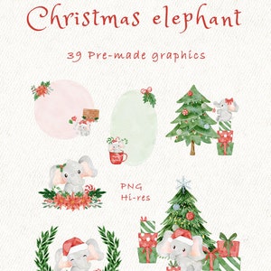 Baby Elephant Christmas Clipart PNG, Holiday Watercolor Elephant PNG ...