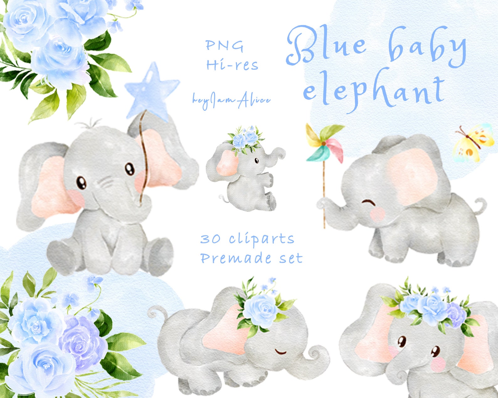 Baby Elephant Clipart Blue Watercolor Elephant PNG FREE - Etsy