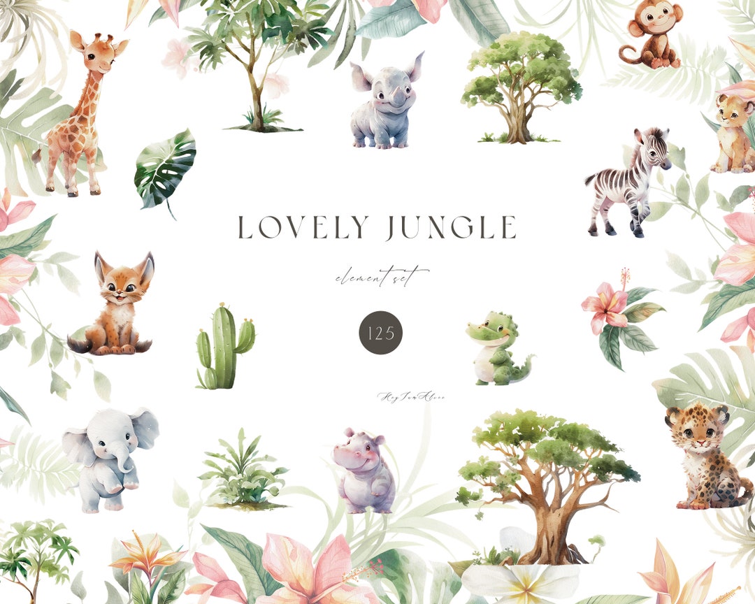 Jungle Watercolor Animal Clipart, Jungle Nursery, Jungle Baby Shower ...