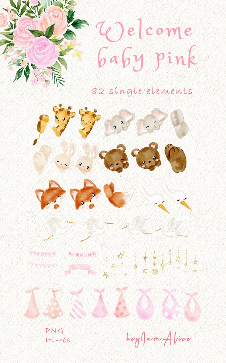 Welcome Baby Watercolor Clipart Baby Animal Nursery Pink - Etsy