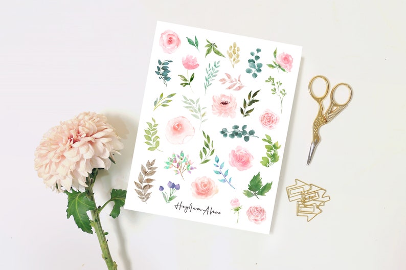 Pink Flower Digital Sticker, PRINTABLE Sticker Sheet, Watercolor ...