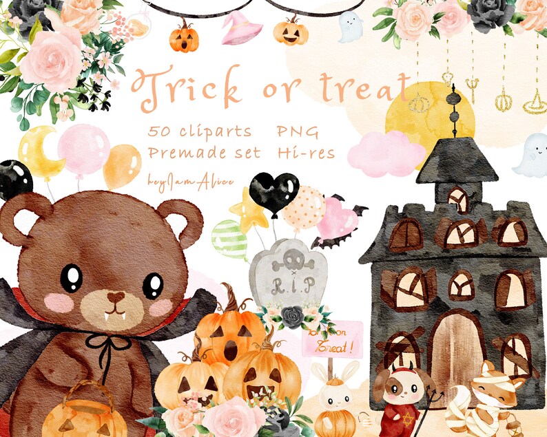 Halloween Watercolour Clipart, Trick or Treat Clipart, Baby Animal PNG ...