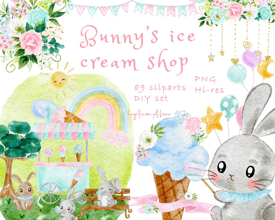 Bunny Watercolour Clipart, Ice Cream Graphic PNG, Baby Birthday Clipart ...