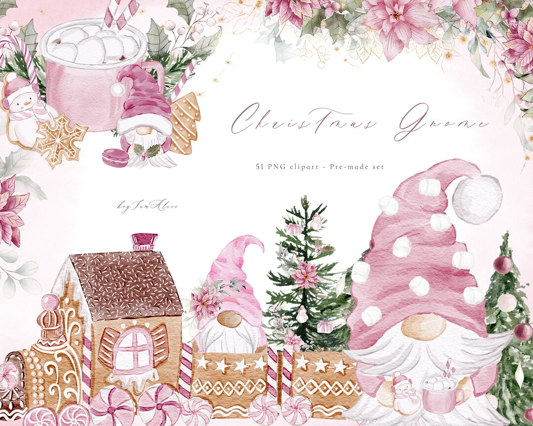 Christmas Gnome Pink Clipart, Snowman Clipart, Watercolour Merry X-mas ...
