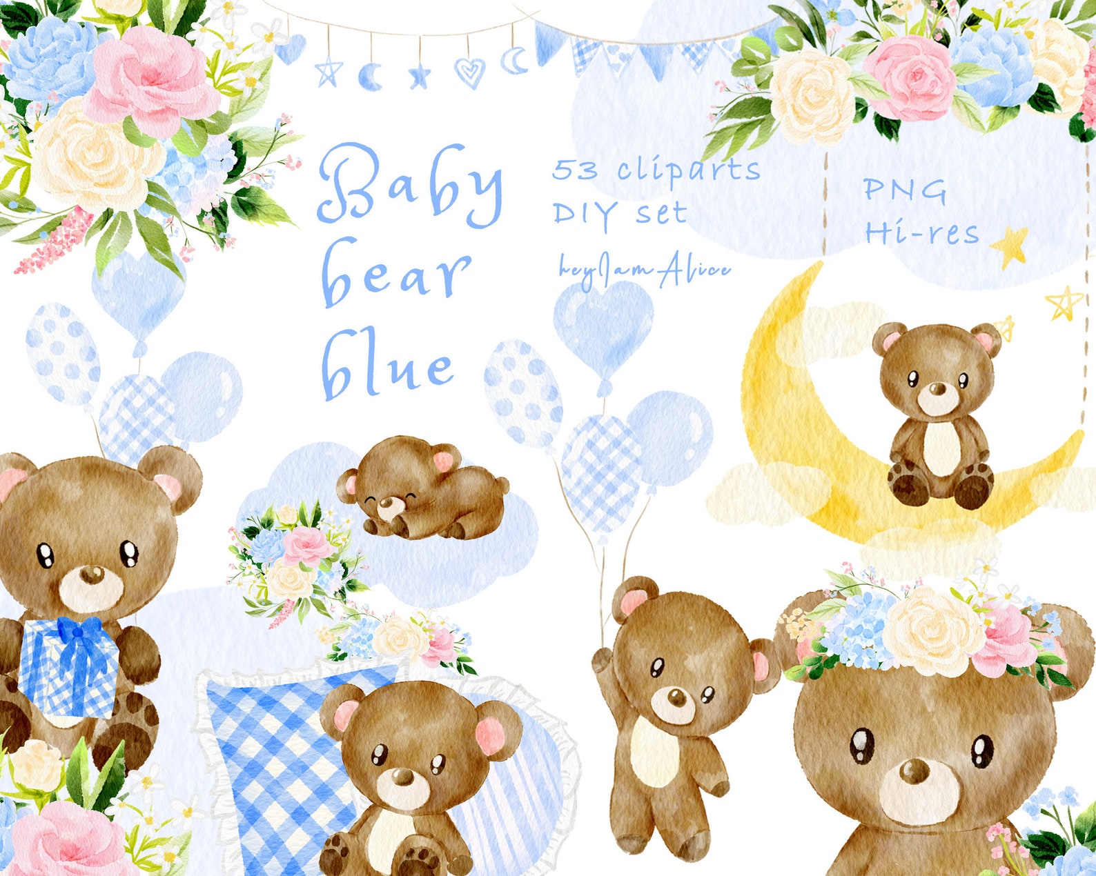Baby Bear Clipart Blue Watercolor Teddy Bear PNG FREE - Etsy