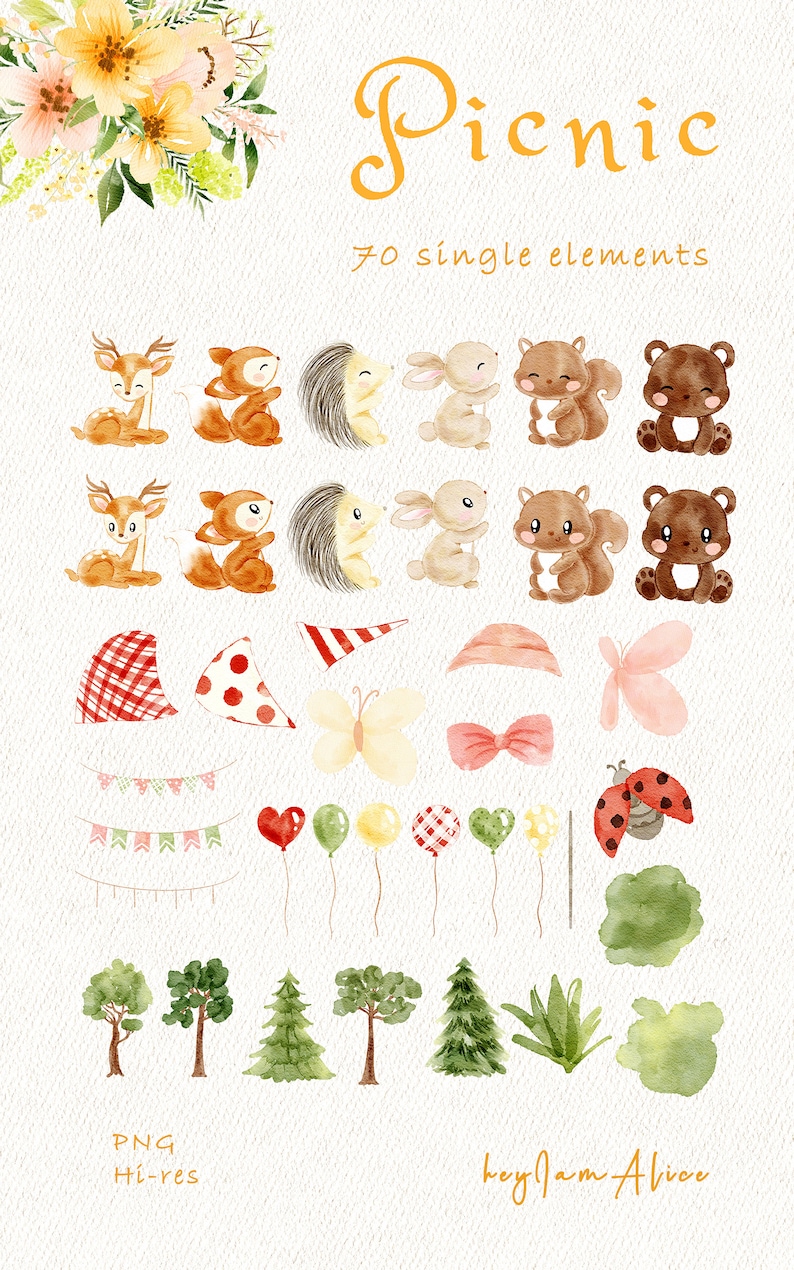 Picnic Woodland Animal Watercolor Clipart, Forest Baby Nursery, Cute ...