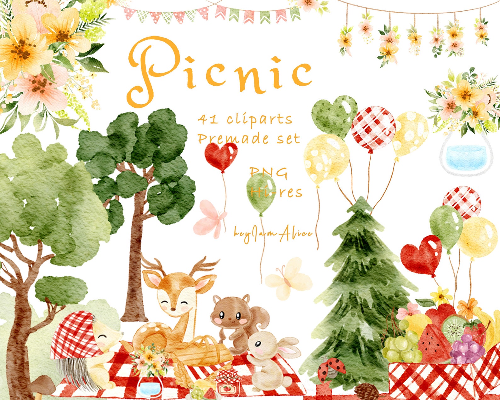 Picnic Woodland Animal Watercolor Clipart Forest Baby - Etsy