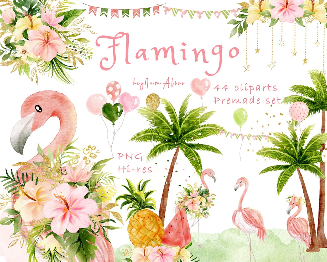 Tropical Flamingo Watercolor Clipart, Pink Flamingo PNG, Summer Party ...