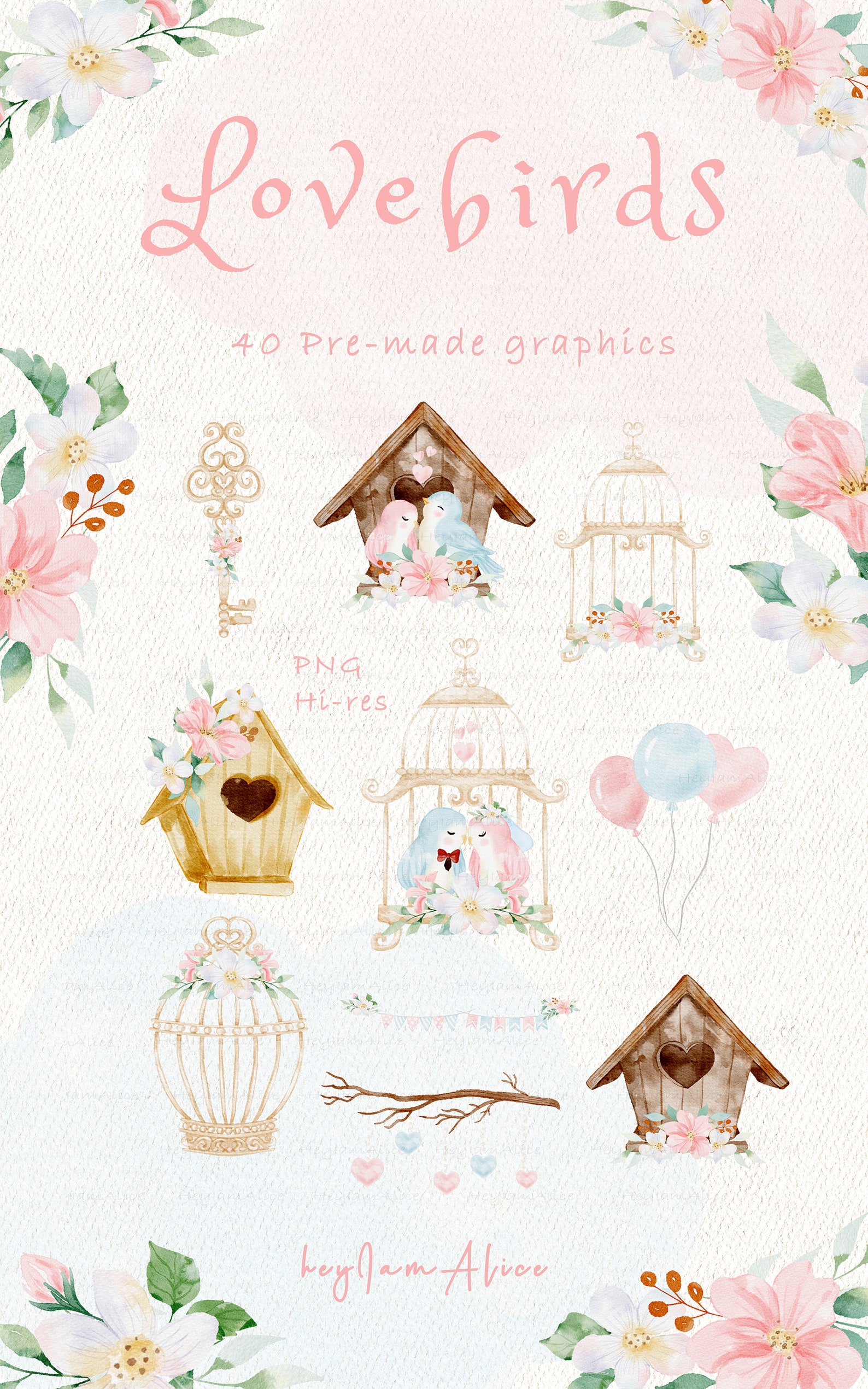 Love Birds Clipart PNG Valentine Watercolor Clipart PNG | Etsy