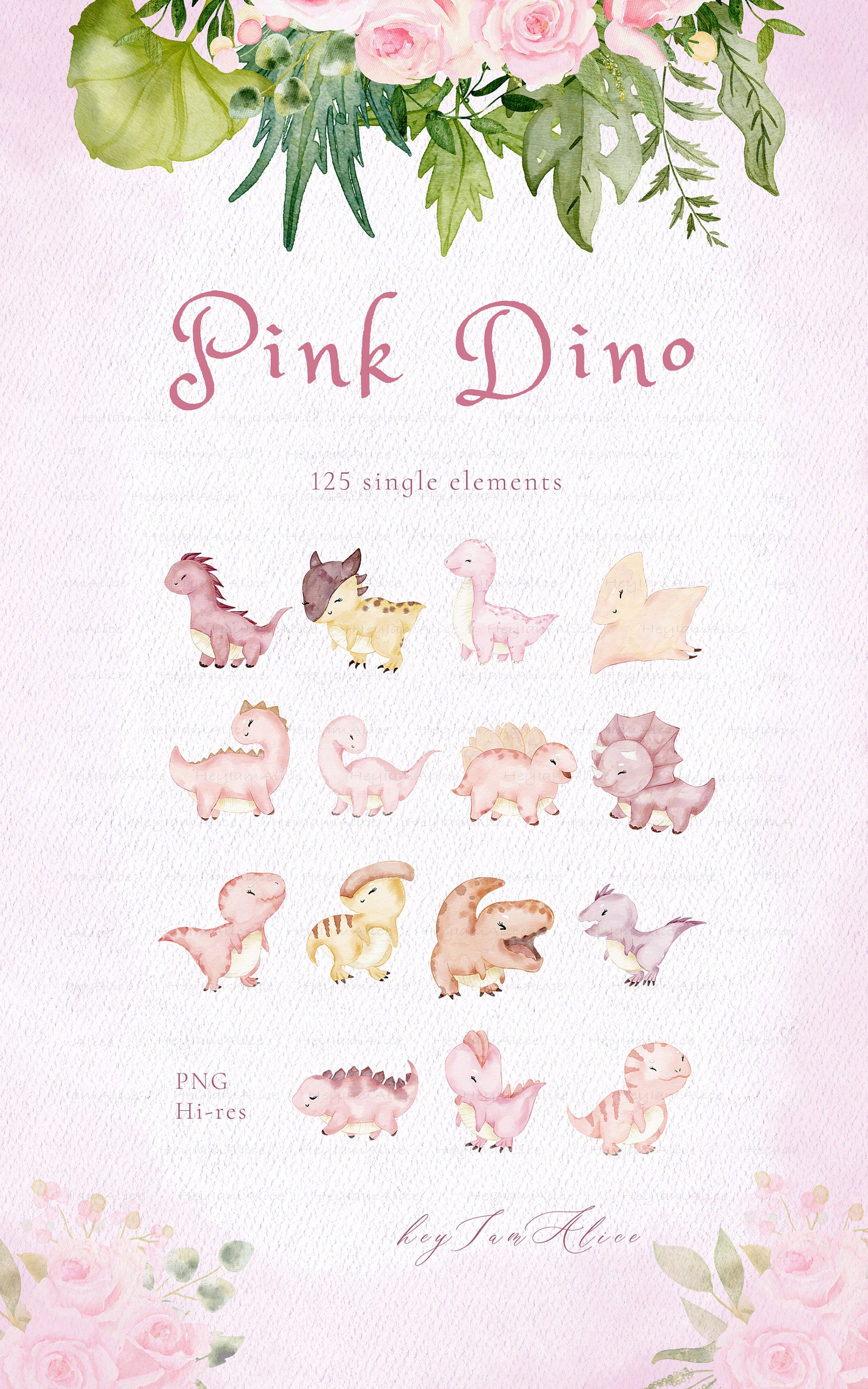 Baby Pink Dinosaurs Watercolour Clipart Cute Girl Dinosaurs - Etsy