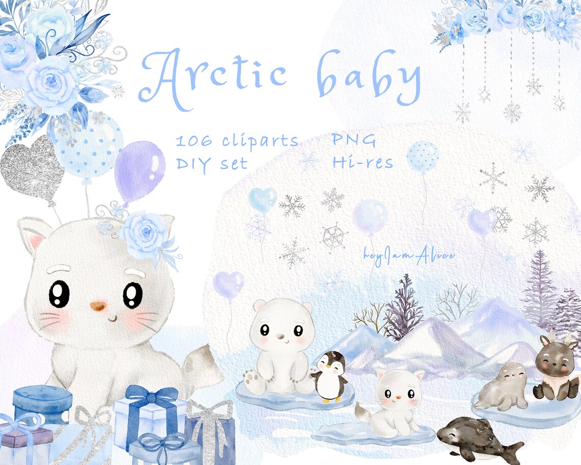 Arctic Animal Watercolor Clipart Winter Holiday Graphic Baby - Etsy