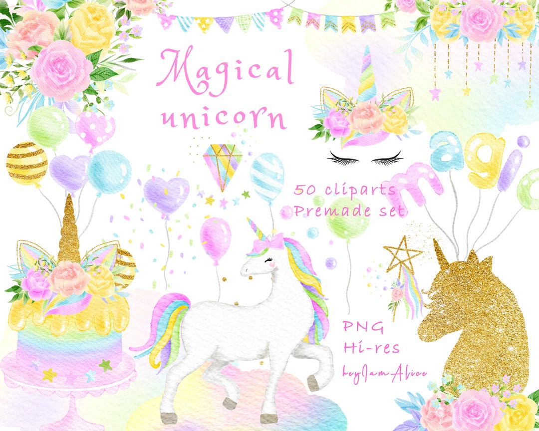 Unicorn Watercolor Clipart, Rainbow Clipart, Magical Unicorn Graphics ...