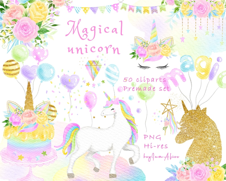 Unicorn Watercolor Clipart Rainbow Clipart Magical Unicorn - Etsy