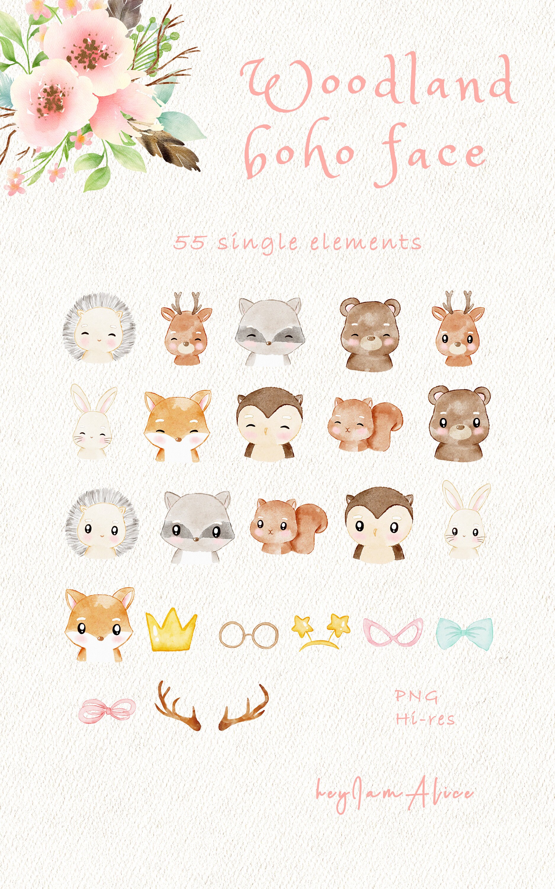 Boho Tribal Baby Animal Face Clipart Watercolor Feather and - Etsy