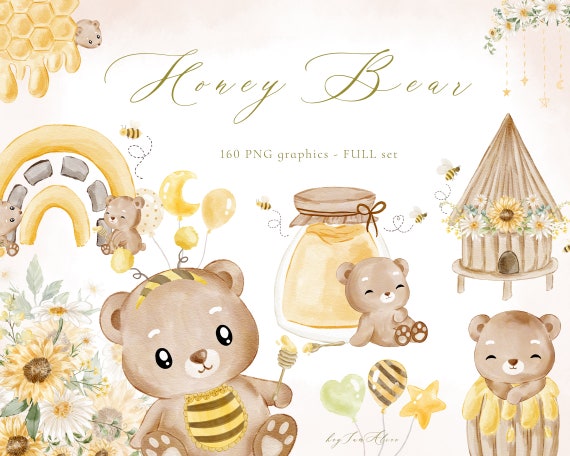 Bee and Honey Watercolor Clipart Honey Bear Graphic PNG - Etsy