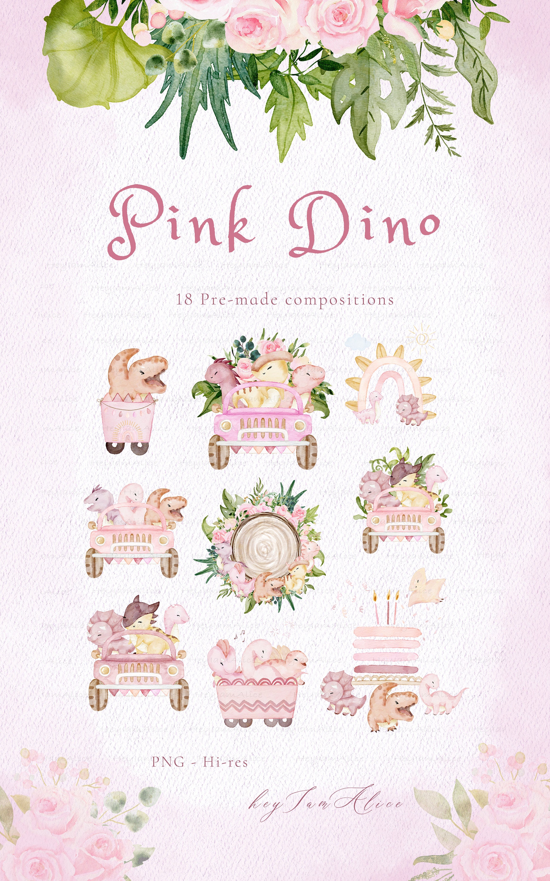 Baby Pink Dinosaurs Watercolour Clipart Cute Girl Dinosaurs - Etsy