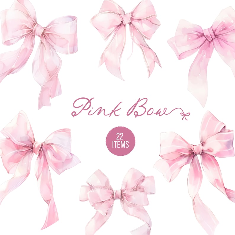 Pink Bow Clipart Coquette, Pink Watercolor Bow Graphics, Dainty Soft ...
