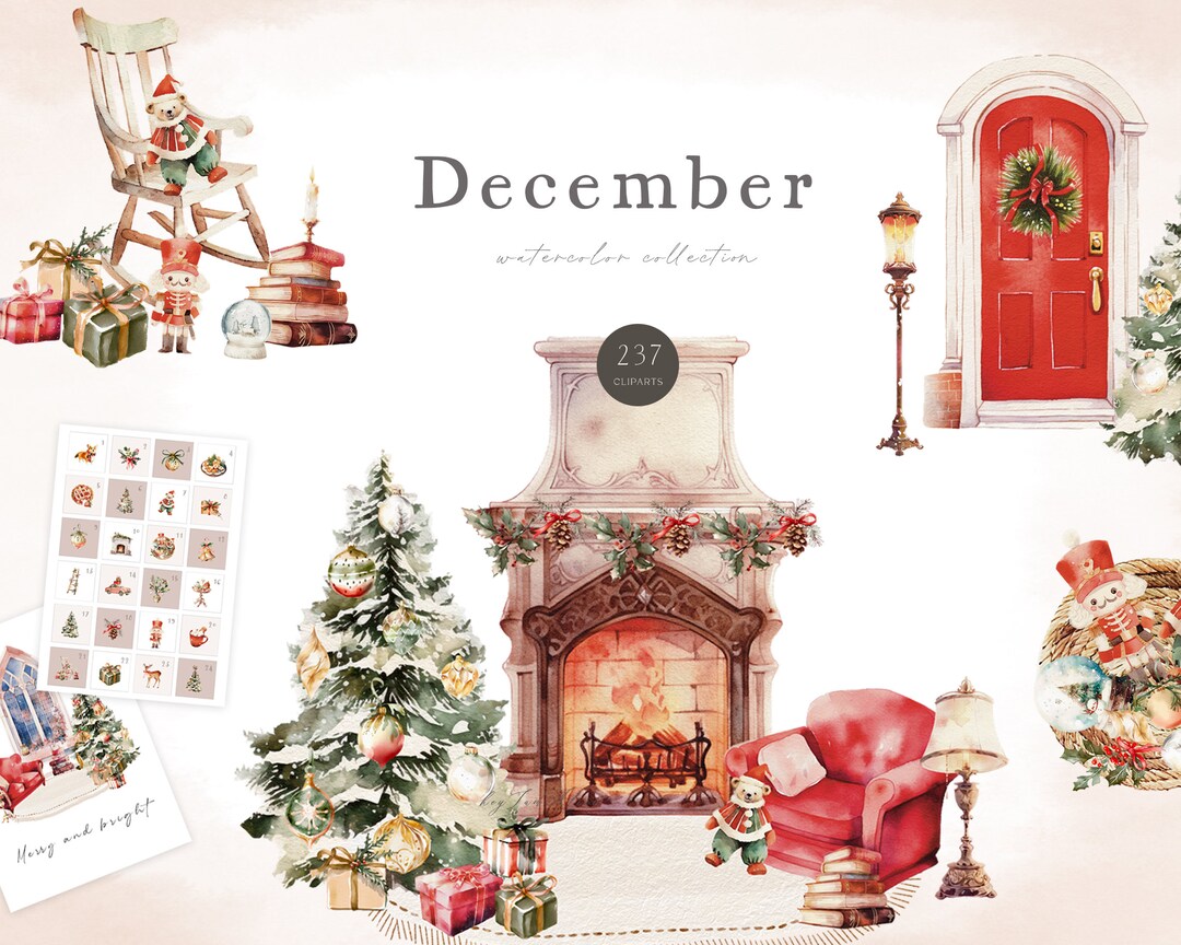 Christmas Clipart, Cozy Home Clipart, Watercolour Merry X-mas Clipart ...