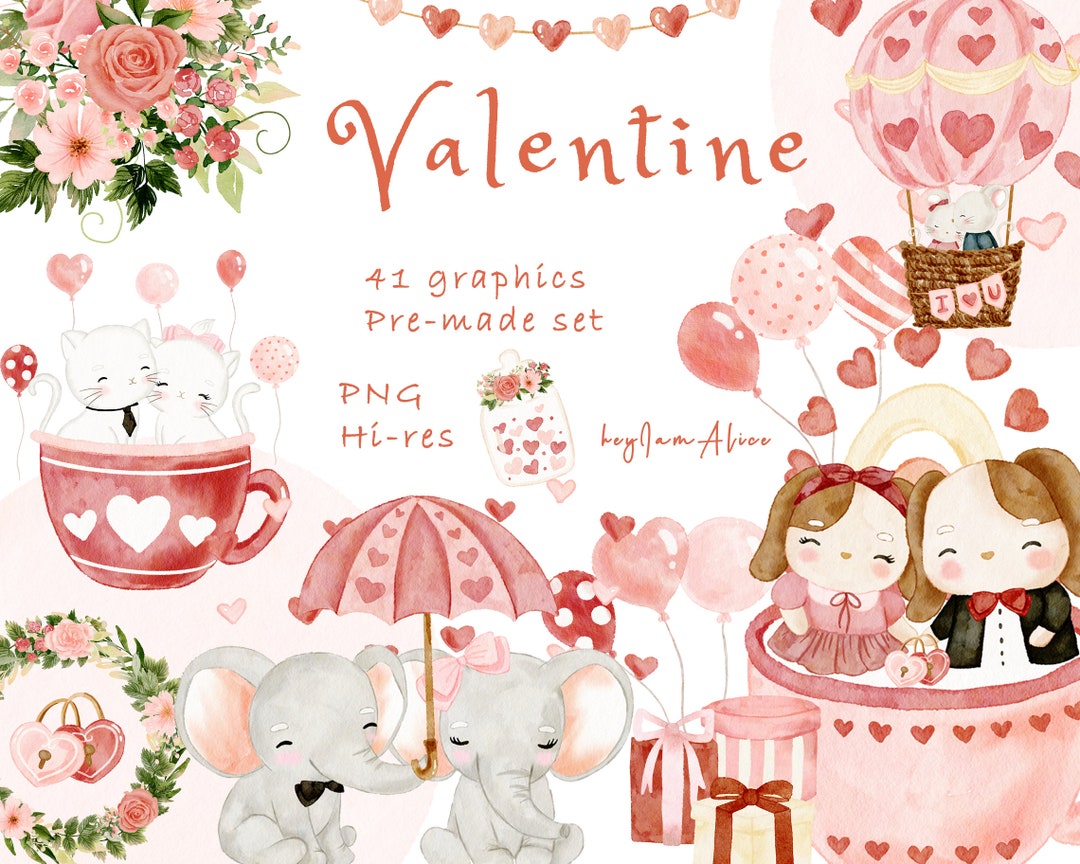 Valentine Watercolor Clipart PNG, Animal Couple Graphic PNG, Love ...