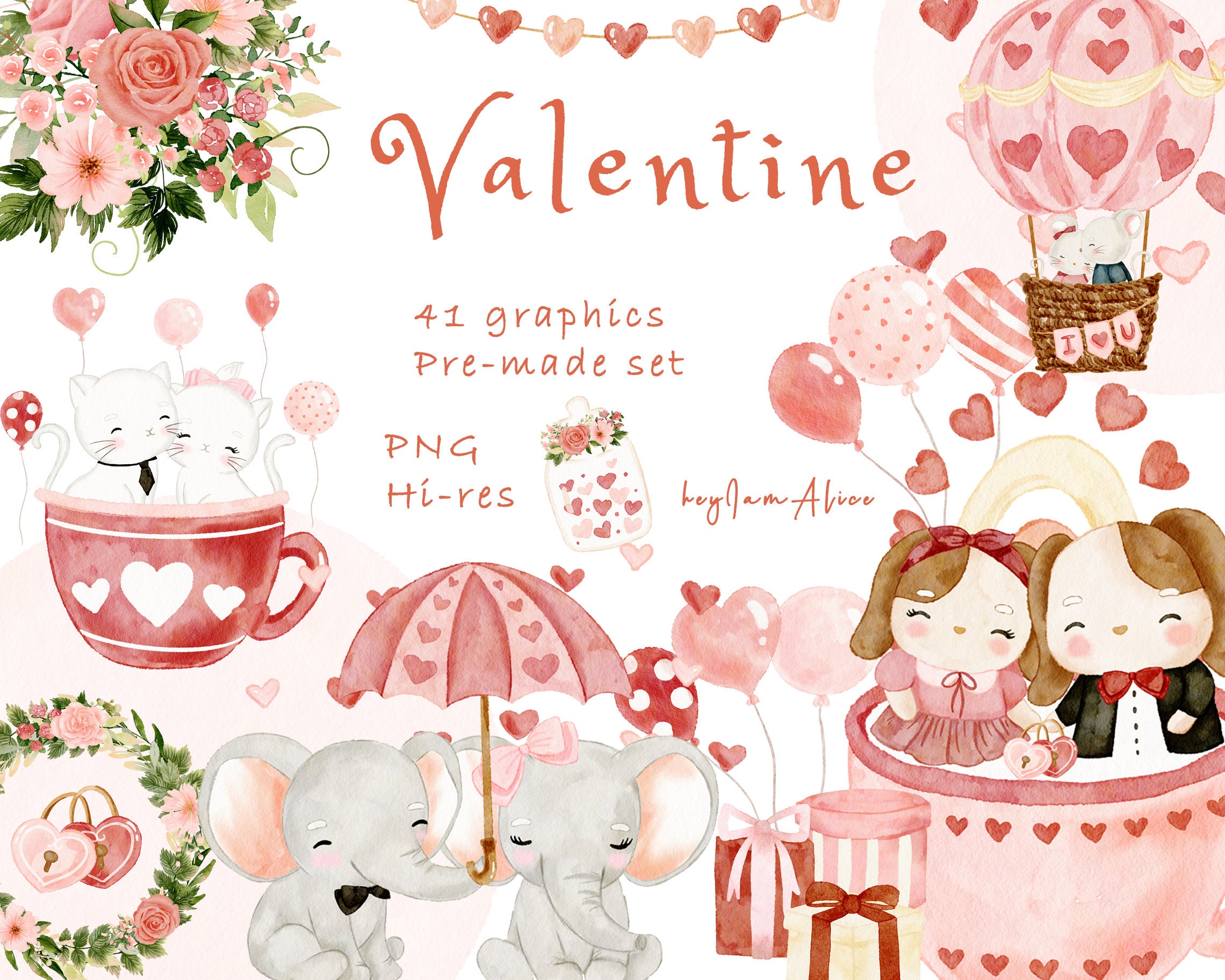 Valentine Watercolor Clipart PNG Animal Couple Graphic PNG | Etsy