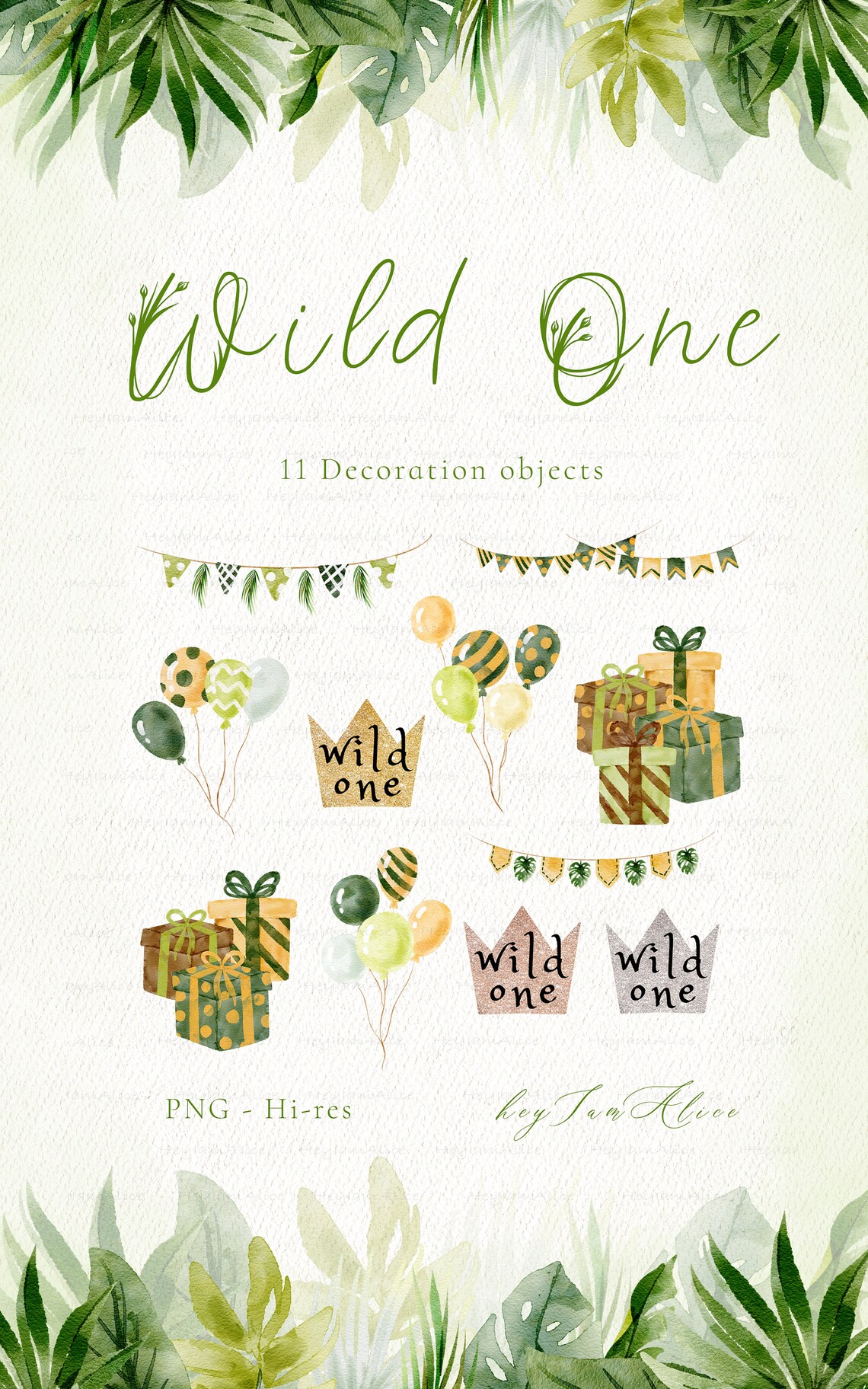 Jungle Watercolor Animal Clipart WILD ONE Png Jungle - Etsy