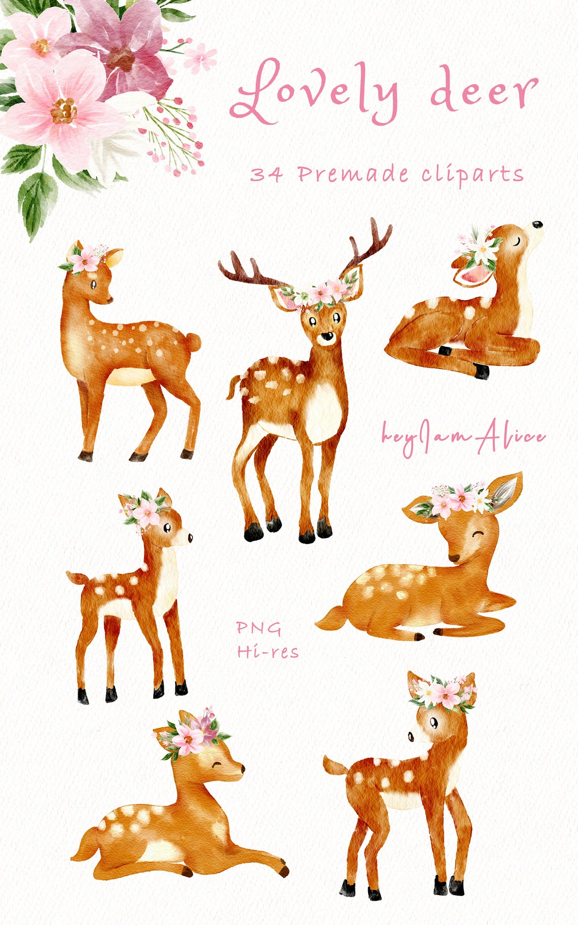 Baby deer clipart pink watercolor deer PNG FREE COMMERCIAL | Etsy