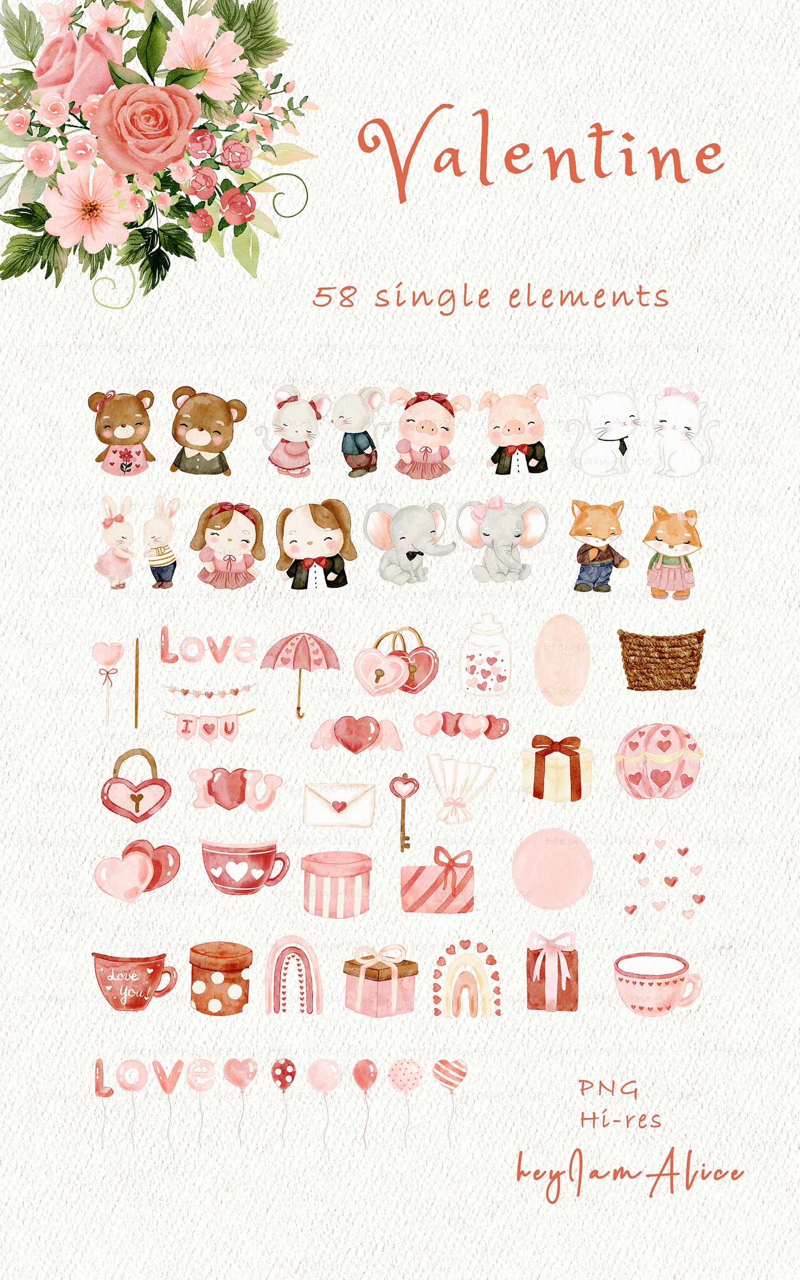 Valentine Watercolor Clipart PNG Animal Couple Graphic PNG - Etsy