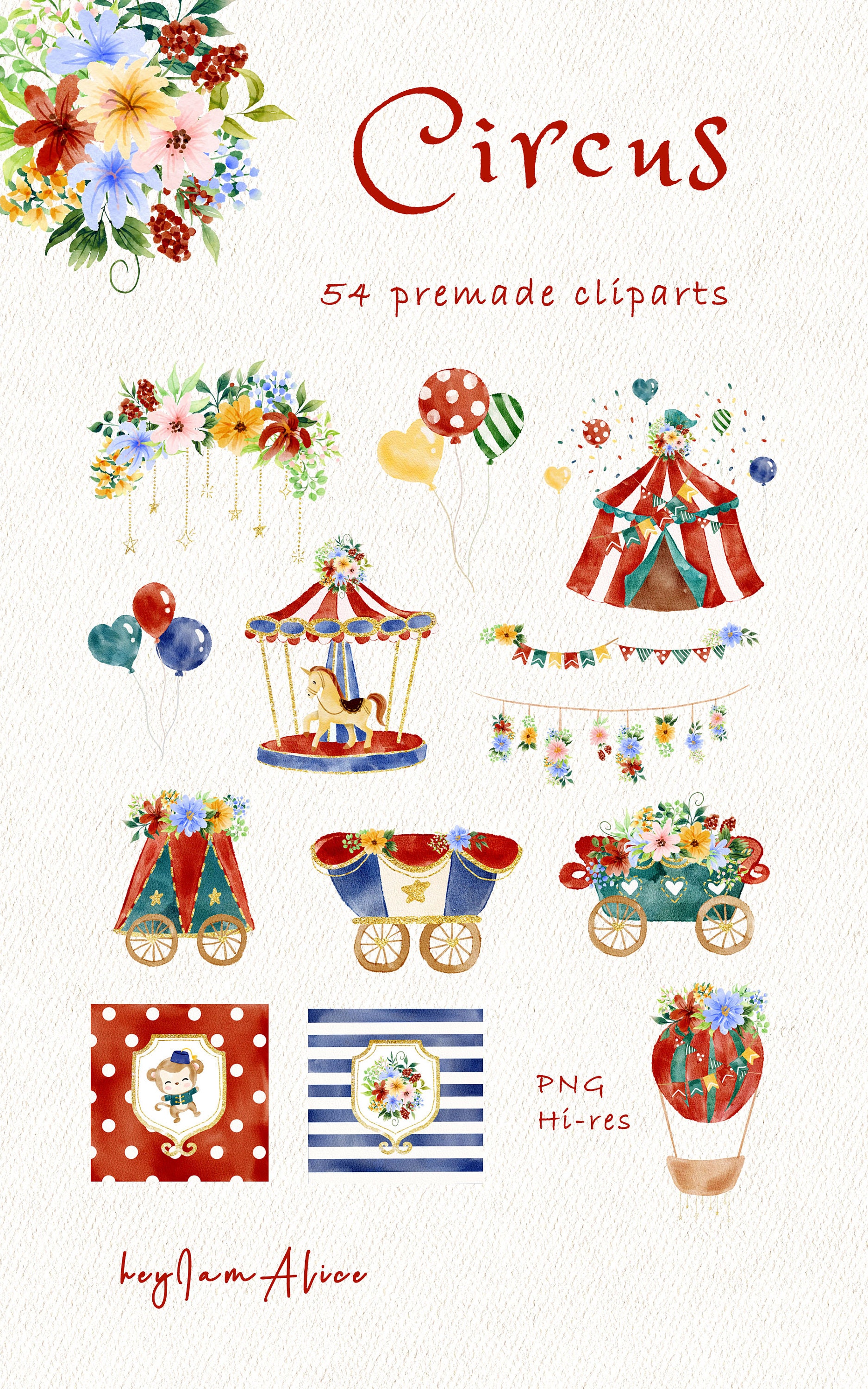 Circus Watercolor Clipart Red Circus Graphics Baby Animal - Etsy