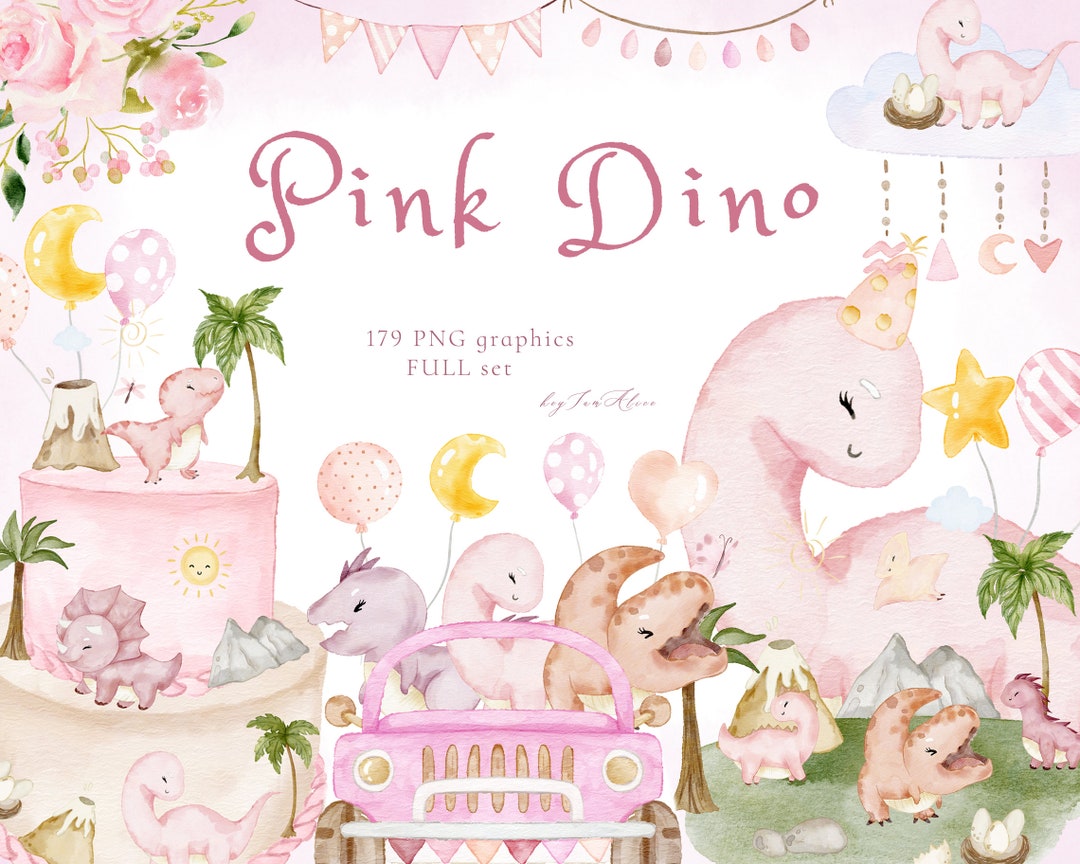 Baby Pink Dinosaurs Watercolour Clipart, Cute Girl Dinosaurs Pink ...
