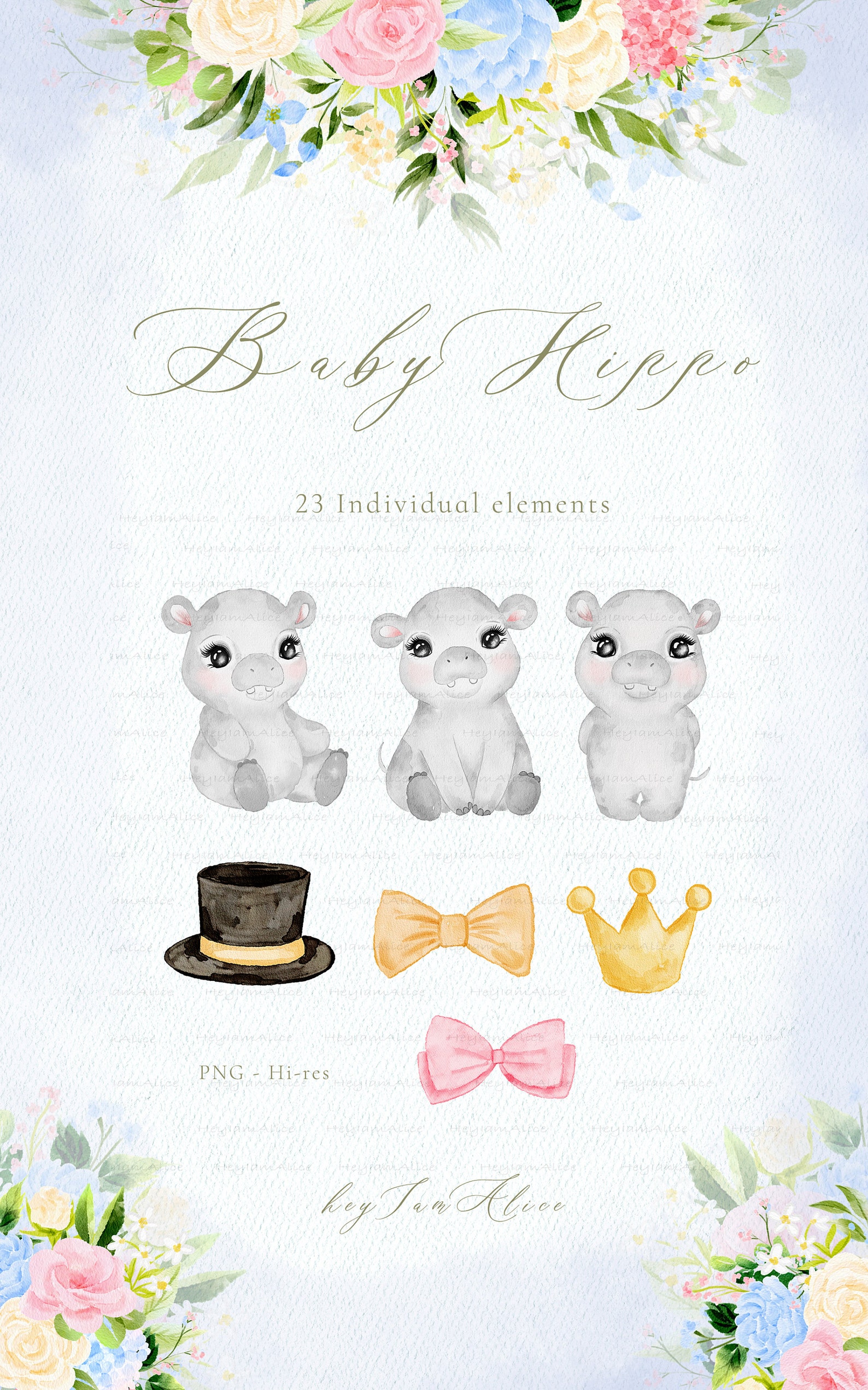Jungle Watercolor Animal Clipart, Baby Hippo, Safari Baby Shower, Wild ...