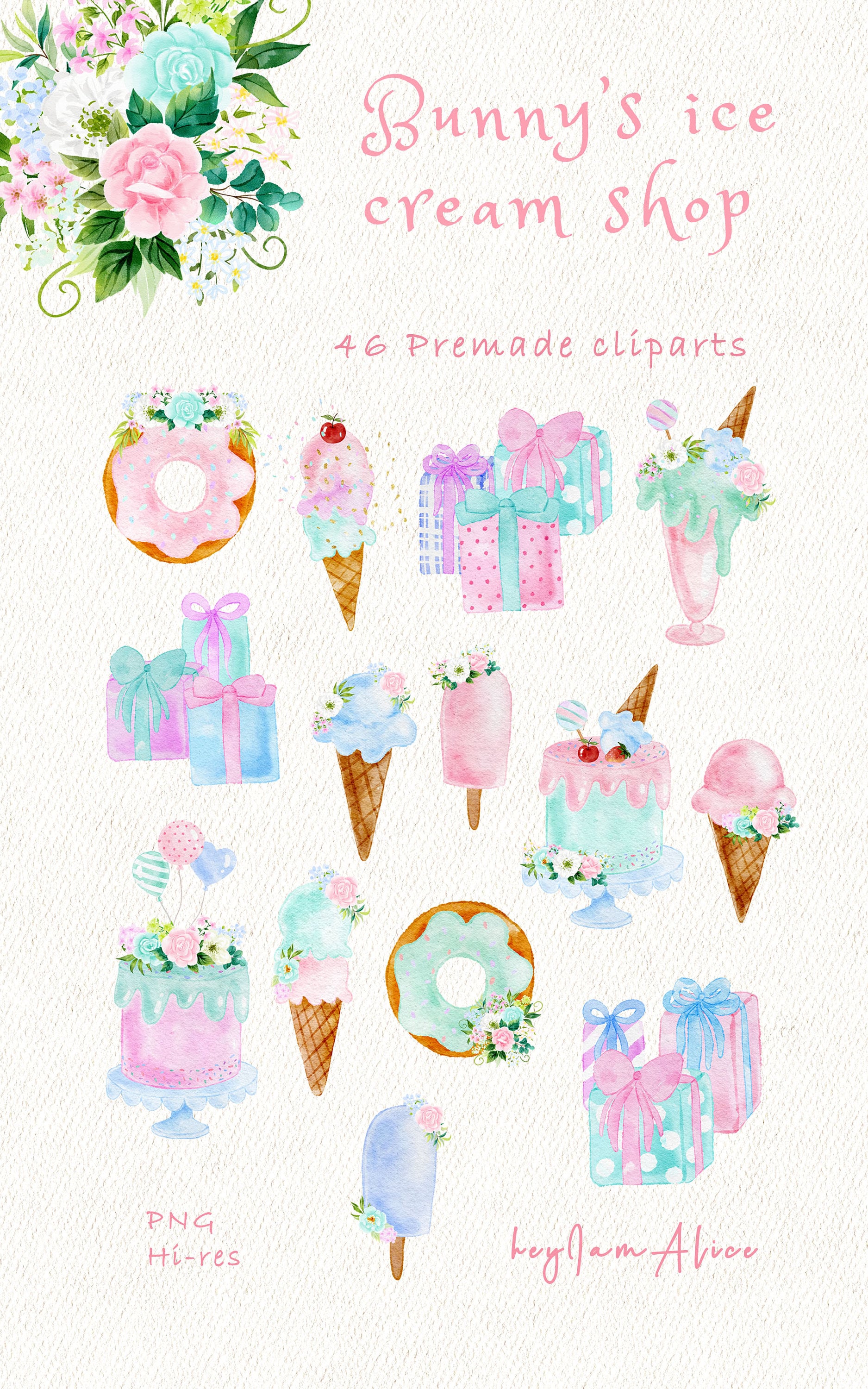 Bunny Watercolour Clipart, Ice Cream Graphic PNG, Baby Birthday Clipart ...
