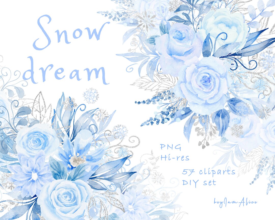 Blue Floral Watercolour Clipart, Winter Flower PNG, Blue Snow Clipart ...